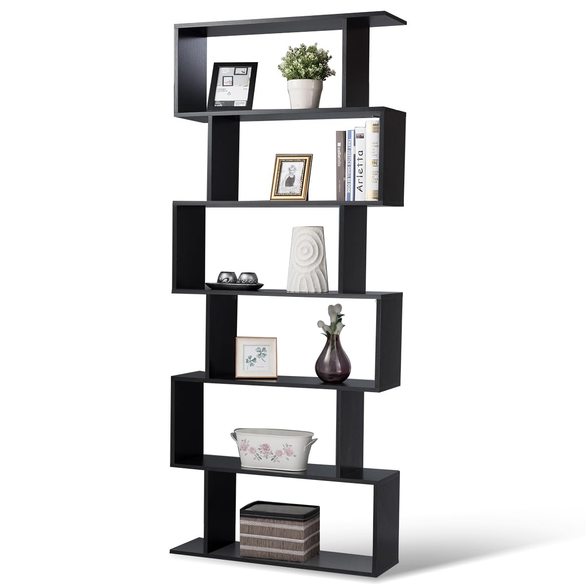 Tangkula 6-Tier Geometric Bookcase, Modern S-Shaped Storage Display Bookshelf for Living Room, Anti-Toppling Device, Home Office Wooden 6 Shelf Open Bookcase (1, Black)