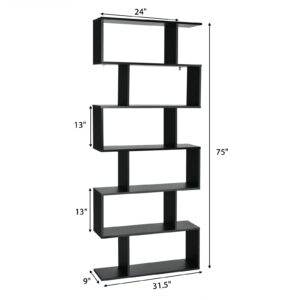 Tangkula 6-Tier Geometric Bookcase, Modern S-Shaped Storage Display Bookshelf for Living Room, Anti-Toppling Device, Home Office Wooden 6 Shelf Open Bookcase (1, Black)