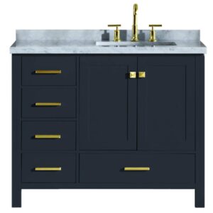 ariel cambridge 43" inch single right offset rectangular sink solid wood midnight blue bathroom vanity cabinet with 1.5" inch edge white carrara marble countertop and backsplash, no mirror