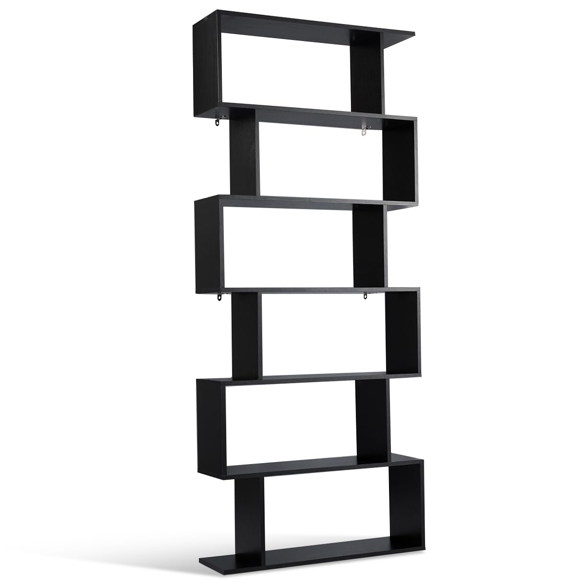 Tangkula 6-Tier Geometric Bookcase, Modern S-Shaped Storage Display Bookshelf for Living Room, Anti-Toppling Device, Home Office Wooden 6 Shelf Open Bookcase (1, Black)