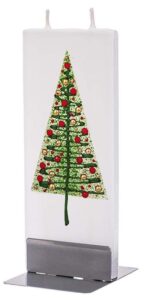 flatyz handmade twin wick unscented thin flat candle - green christmas tree with red and gold balls