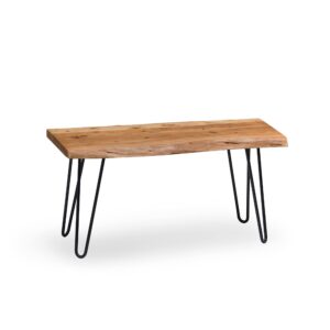 live edge bench, w/natural wood and metal hairpin legs, unique rustic look, any room, versatile multi-purpose modern design, sturdy, durable, easy assembly