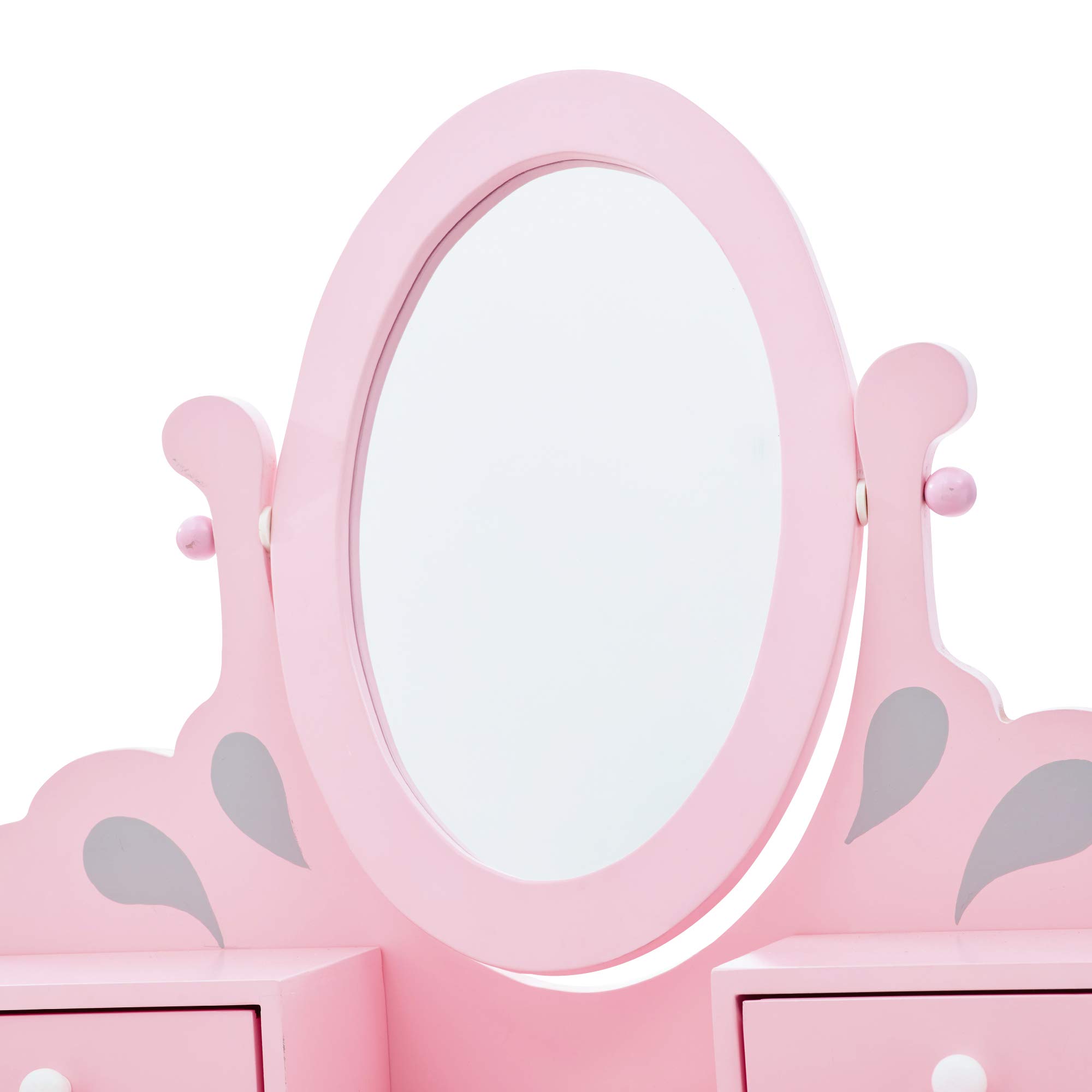 Teamson Kids Princess Rapunzel Wooden 2-pc. Play Vanity Set with Three Storage Drawers, Rotating Oval Mirror and Matching Stool to Play Dress-Up, Princess or Beauty Salon, Pink and Gray