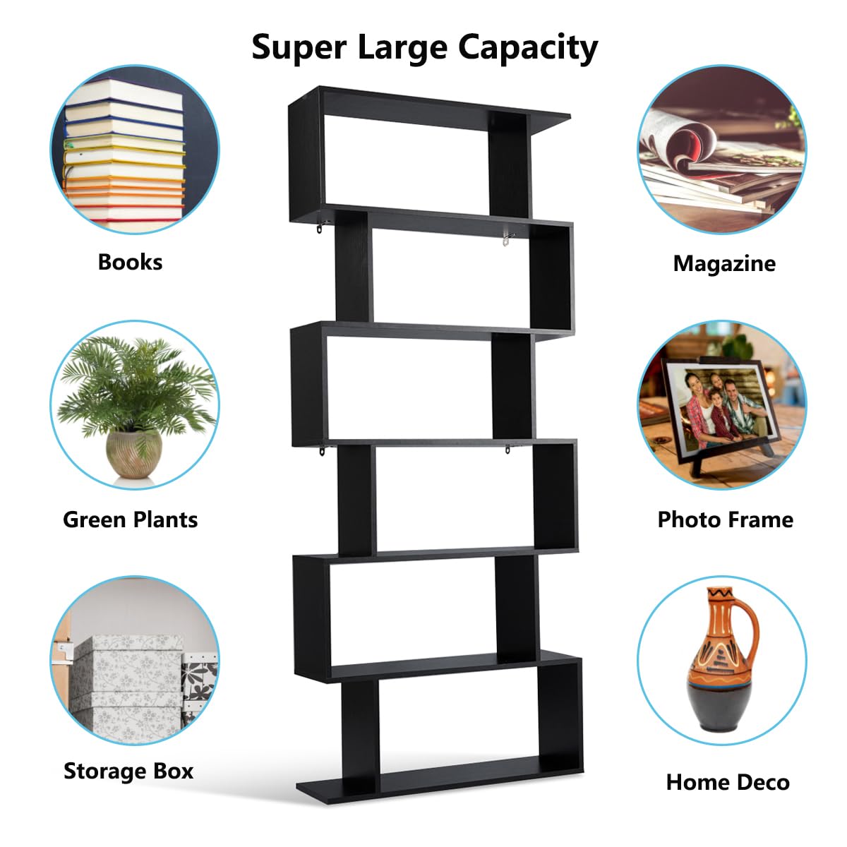 Tangkula 6-Tier Geometric Bookcase, Modern S-Shaped Storage Display Bookshelf for Living Room, Anti-Toppling Device, Home Office Wooden 6 Shelf Open Bookcase (1, Black)