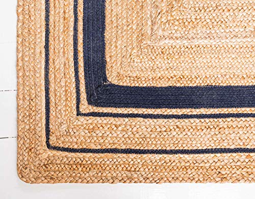 Unique Loom Braided Jute Collection Classic Quality Made Hand Woven with Coastal Design Area Rug, 6 ft x 9 ft, Natural/Navy Blue