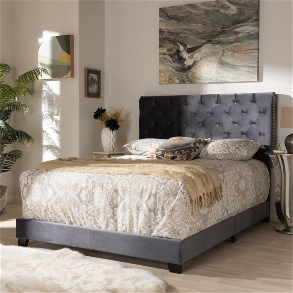 Baxton Studio Candace Luxe and Glamour Dark Grey Velvet Upholstered Queen Size Bed