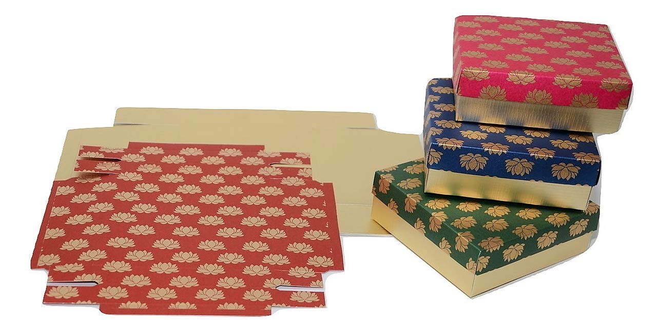 Lotus Printed Colorful Sweet Boxes for Indian Sweets, Cookies, Goodies, Mithai, Candy, Gift Boxes with Lids Bulk, Handmade Bulk Mithai Box, Favor Boxes for Wedding, 2.95x5.51 Inch (Pack of 4)