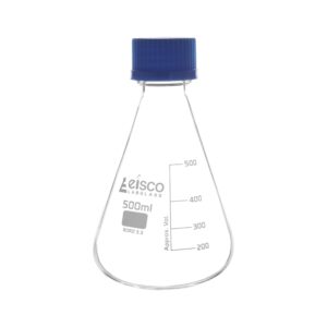 eisco erlenmeyer flask, 500ml - borosilicate glass - with ptfe screw cap - conical shape - white graduations