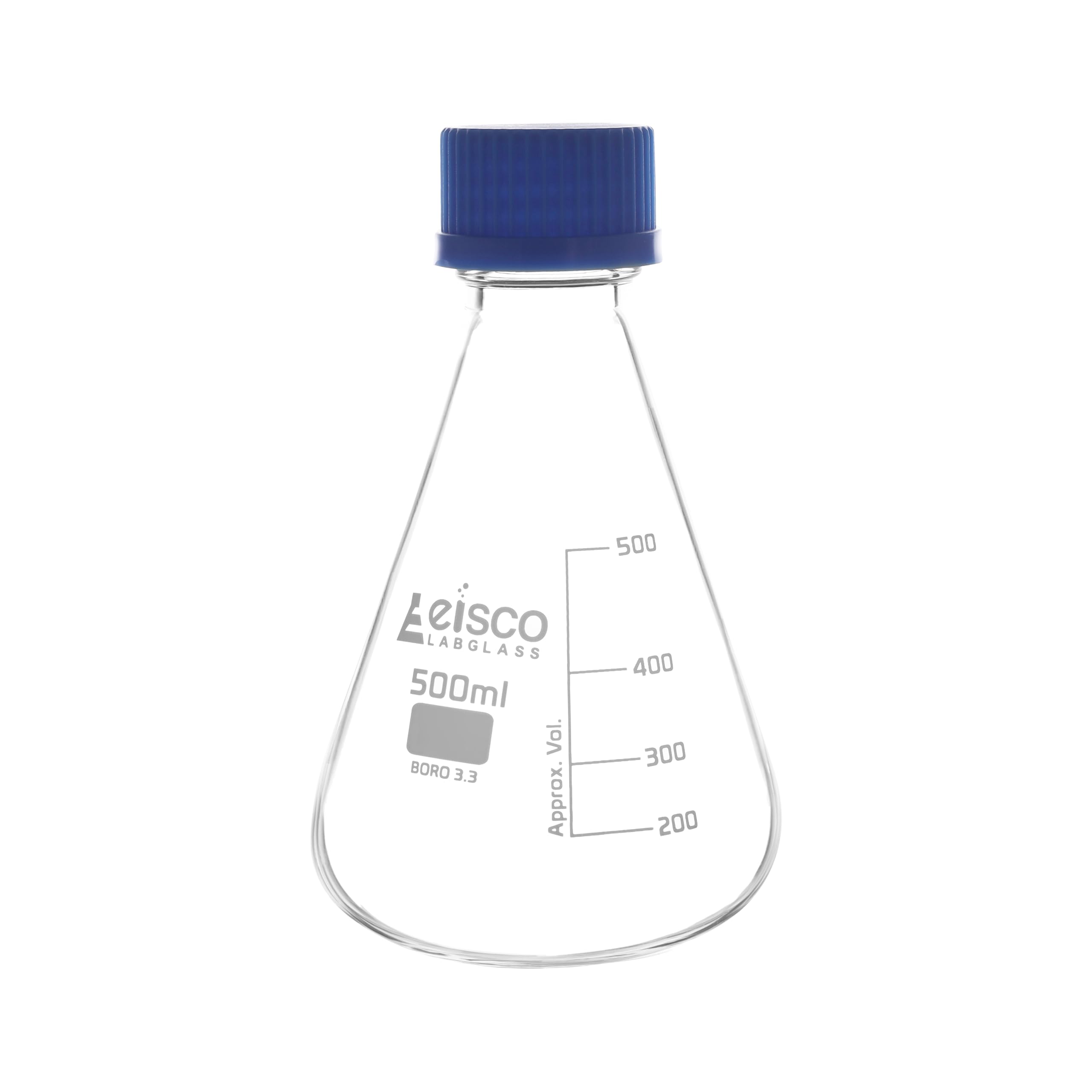 EISCO Erlenmeyer Flask, 500ml - Borosilicate Glass - with PTFE Screw Cap - Conical Shape - White Graduations