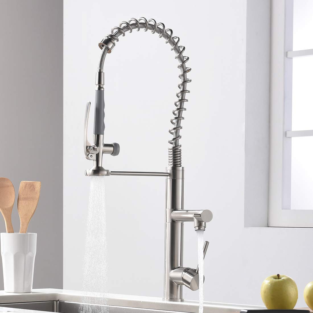 Commercial Kitchen Faucet with Pull Down Sprayer,AIMADI Modern Single Handle High Arch Pre-Rinse Spring Kitchen Sink Faucet,Brushed Nickel