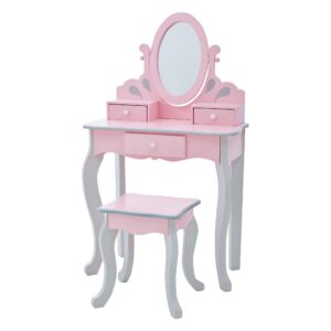 teamson kids princess rapunzel wooden 2-pc. play vanity set with three storage drawers, rotating oval mirror and matching stool to play dress-up, princess or beauty salon, pink and gray