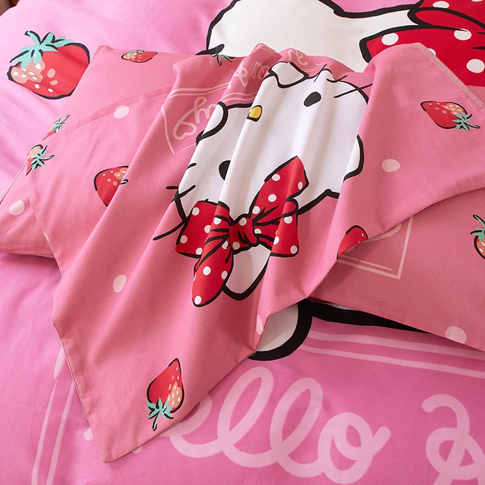 HOLY HOME Strawberry Katti, Girls' Birthday Gift Duvet Cover Set, Queen Size 4Pieces 100% Cotton Bedclothes