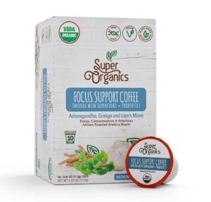 super organics focus support coffee brew cups with superfoods & probiotics, keurig k-cup compatible, adaptogens, medium roast, usda certified, vegan, non-gmo, 10 count