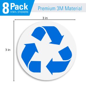 8 Pack (3in x 3in) Recycle Logo Sticker to Organize Your Trash - 7 Mil - Laminated - for Trash cans, Garbage containers and Recycle Bins - Premium Vinyl Decal (Blue/White)