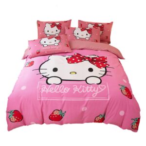 holy home strawberry katti, girls' birthday gift duvet cover set, queen size 4pieces 100% cotton bedclothes