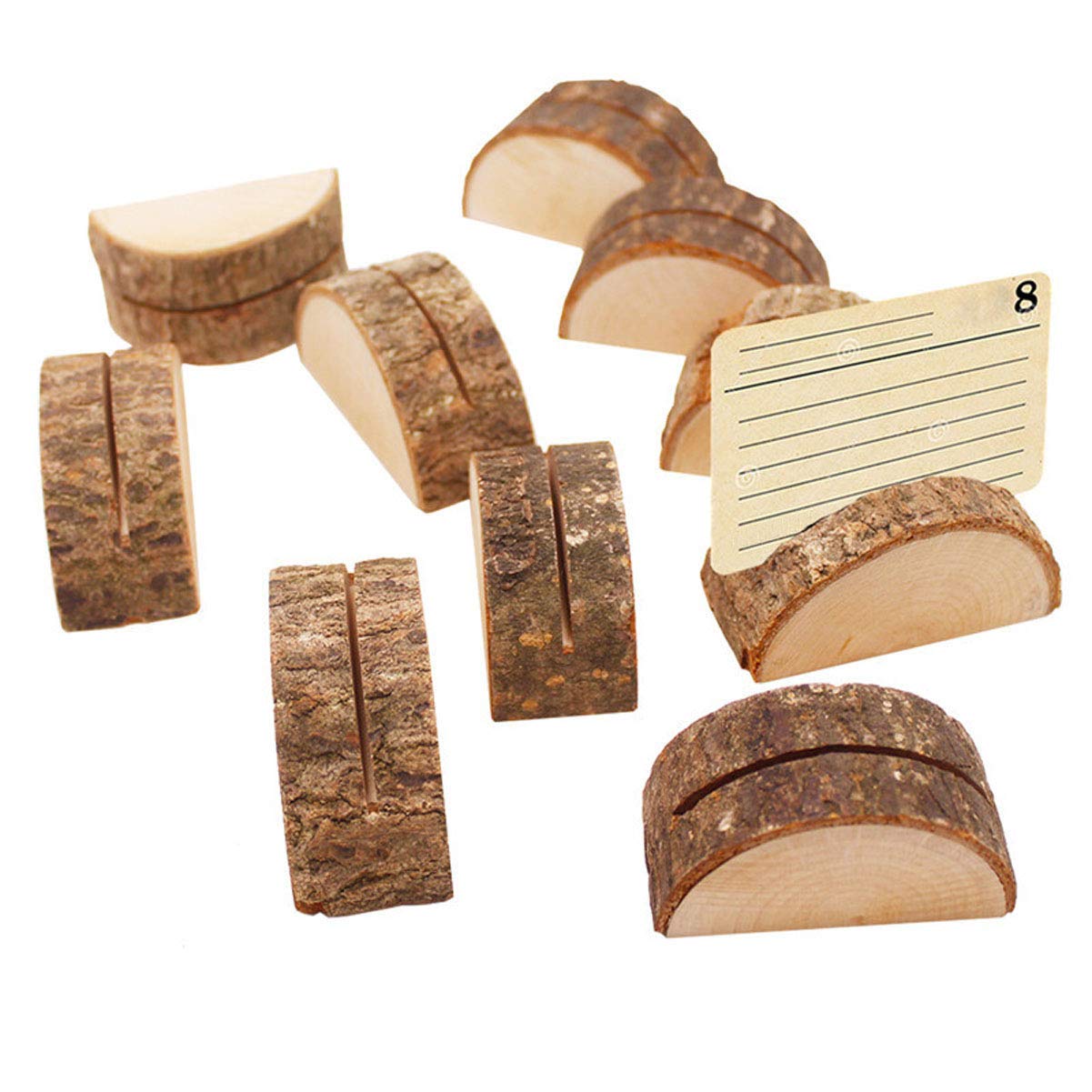 Numblart 10 Pcs Rustic Wooden Wedding Table Name Number Place Card Holders for Wedding Party Home Decoration - Semicircular Wood Note Memo Picture Card Photo Clip Holder for Table Decoration Supplies