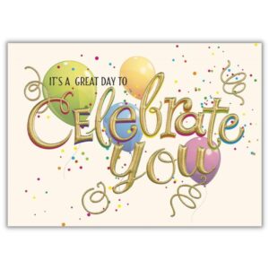 25 employee birthday cards - "celebrate you" design with gold foil embossing - 26 gold foil lined envelopes - fsc mix