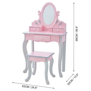 Teamson Kids Princess Rapunzel Wooden 2-pc. Play Vanity Set with Three Storage Drawers, Rotating Oval Mirror and Matching Stool to Play Dress-Up, Princess or Beauty Salon, Pink and Gray