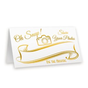 wedding hashtags signs, gold foil, 20 pack. sign for instagram and social media photographs. table top place cards, oh snap! gold foil embossed, share your photos.