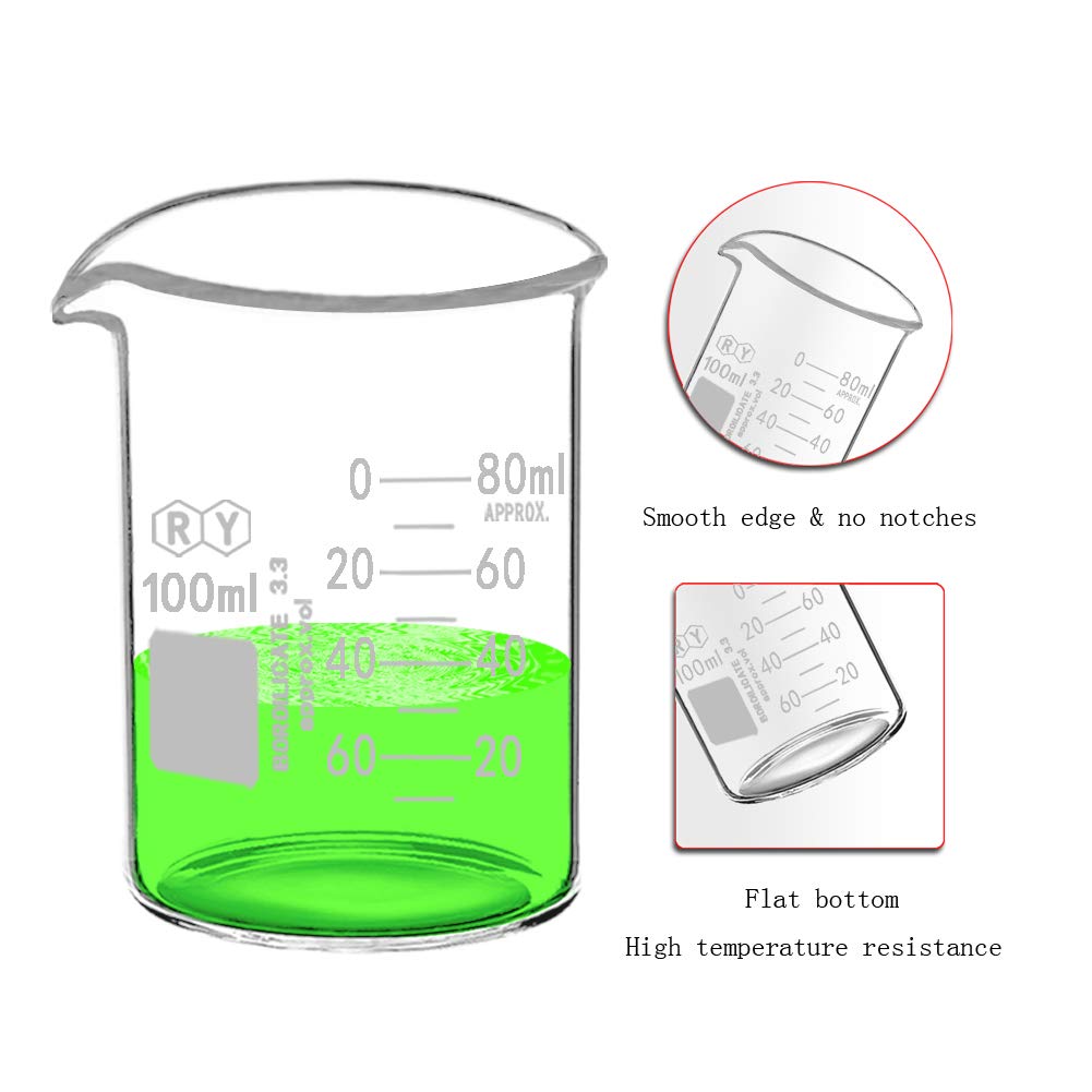 Glass Beakers Set Borosilicate Graduated Measuring Low Form Glass Beaker 4 Sizes 10ml 50ml 100ml 250ml