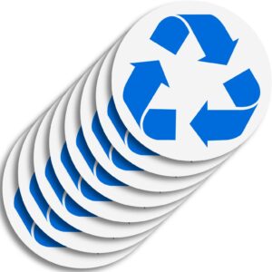 8 pack (3in x 3in) recycle logo sticker to organize your trash - 7 mil - laminated - for trash cans, garbage containers and recycle bins - premium vinyl decal (blue/white)