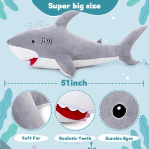 MorisMos Giant Shark Stuffed Animal 51", Giant Stuffed Shark Plush, 51 inch Large Shark Plush Pillow Toy Gift for Kids Girlfriend, Gray