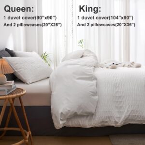 DuShow Queen Duvet Cover White,3 Pieces Seersucker Duvet Cover Set,Soft Breathable Textured Bedding Set,White Queen Comforter Cover Set for All Season