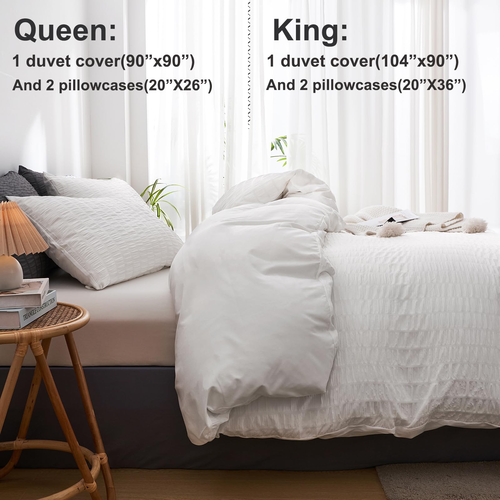 DuShow Queen Duvet Cover White,3 Pieces Seersucker Duvet Cover Set,Soft Breathable Textured Bedding Set,White Queen Comforter Cover Set for All Season