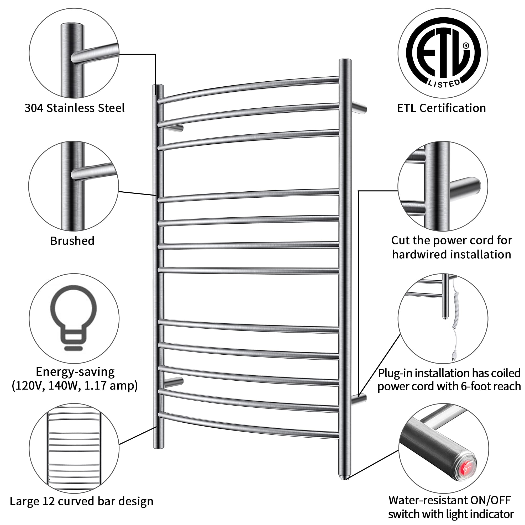 HEATGENE Towel Warmer Wall Mount Electric Plug-in/Hardwired Heated Towel Rack Brushed