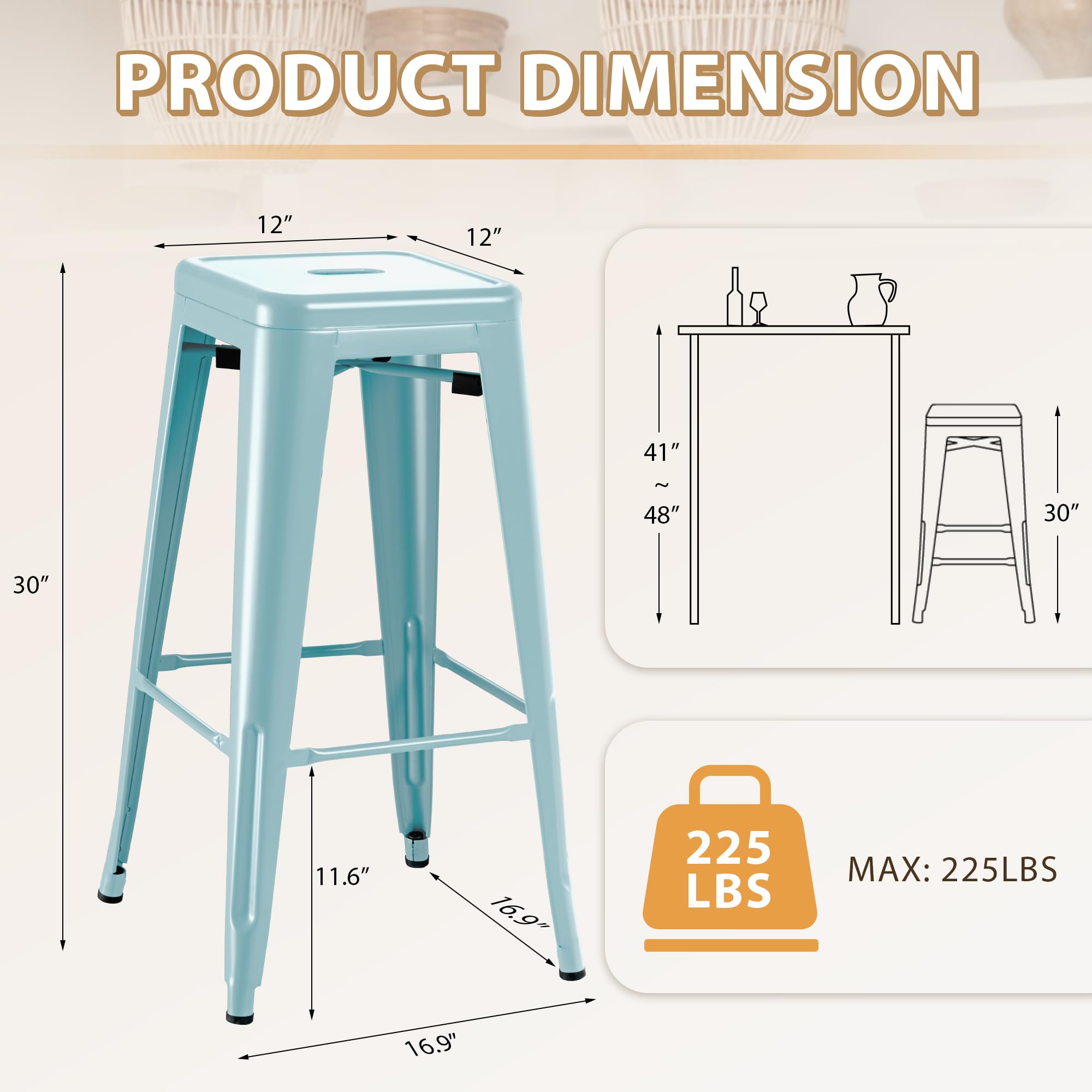 Furmax 30 Inches Metal Bar Stools Bar Height High Backless Stools Indoor Outdoor Stackable Kitchen Stools Set of 4 (Blue)