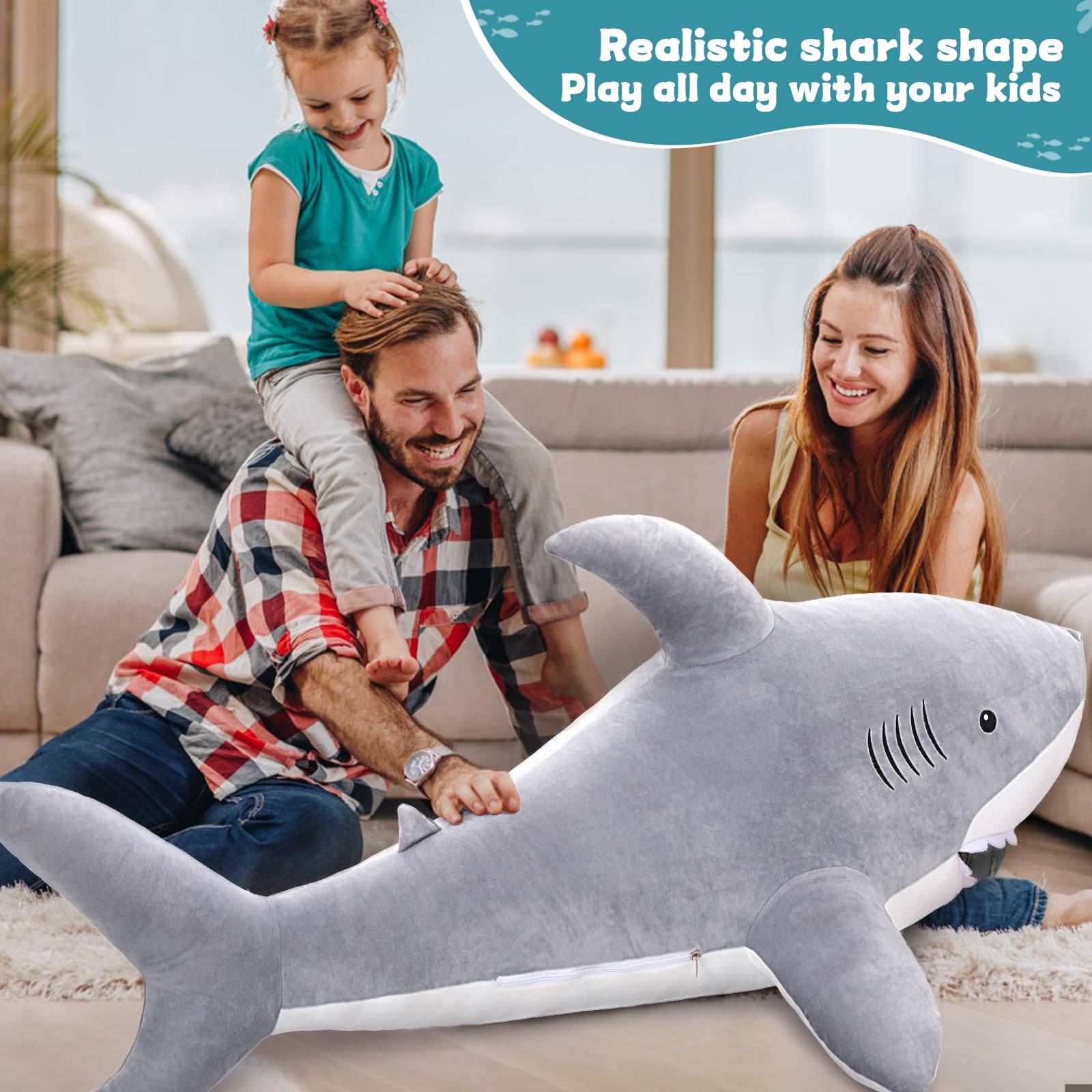 MorisMos Giant Shark Stuffed Animal 51", Giant Stuffed Shark Plush, 51 inch Large Shark Plush Pillow Toy Gift for Kids Girlfriend, Gray