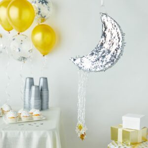 Juvale Pull String Moon Pinata for Twinkle Twinkle Little Star Birthday, Baby Shower Party Decorations (Silver Foil, 17x11x3 in)