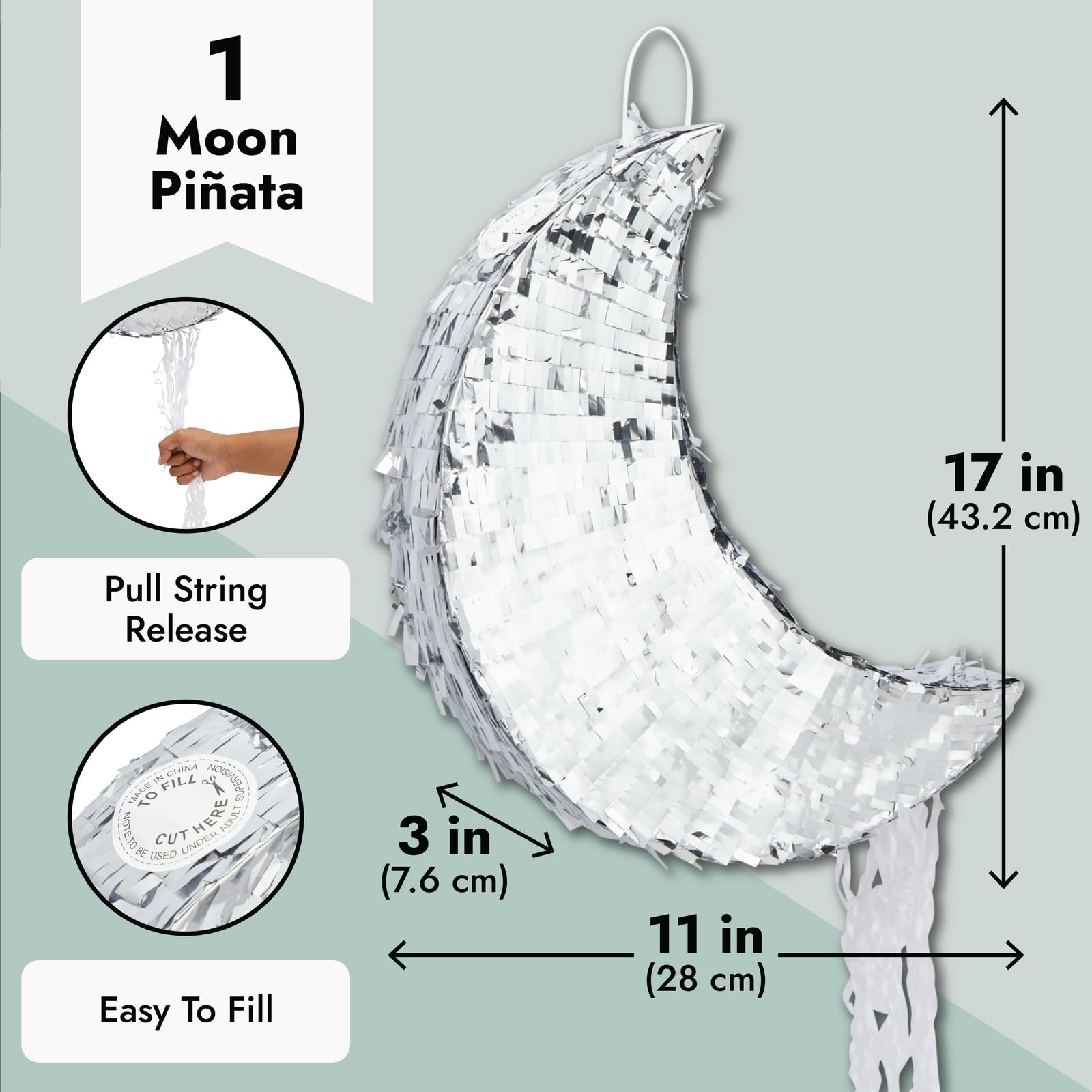 Juvale Pull String Moon Pinata for Twinkle Twinkle Little Star Birthday, Baby Shower Party Decorations (Silver Foil, 17x11x3 in)