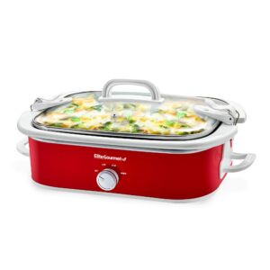 elite gourmet mst-5240 casserole crock slow cooker, locking lid adjustable temperature keep warm oven & dishwasher-safe casserole pan, 3.5qt capacity, red