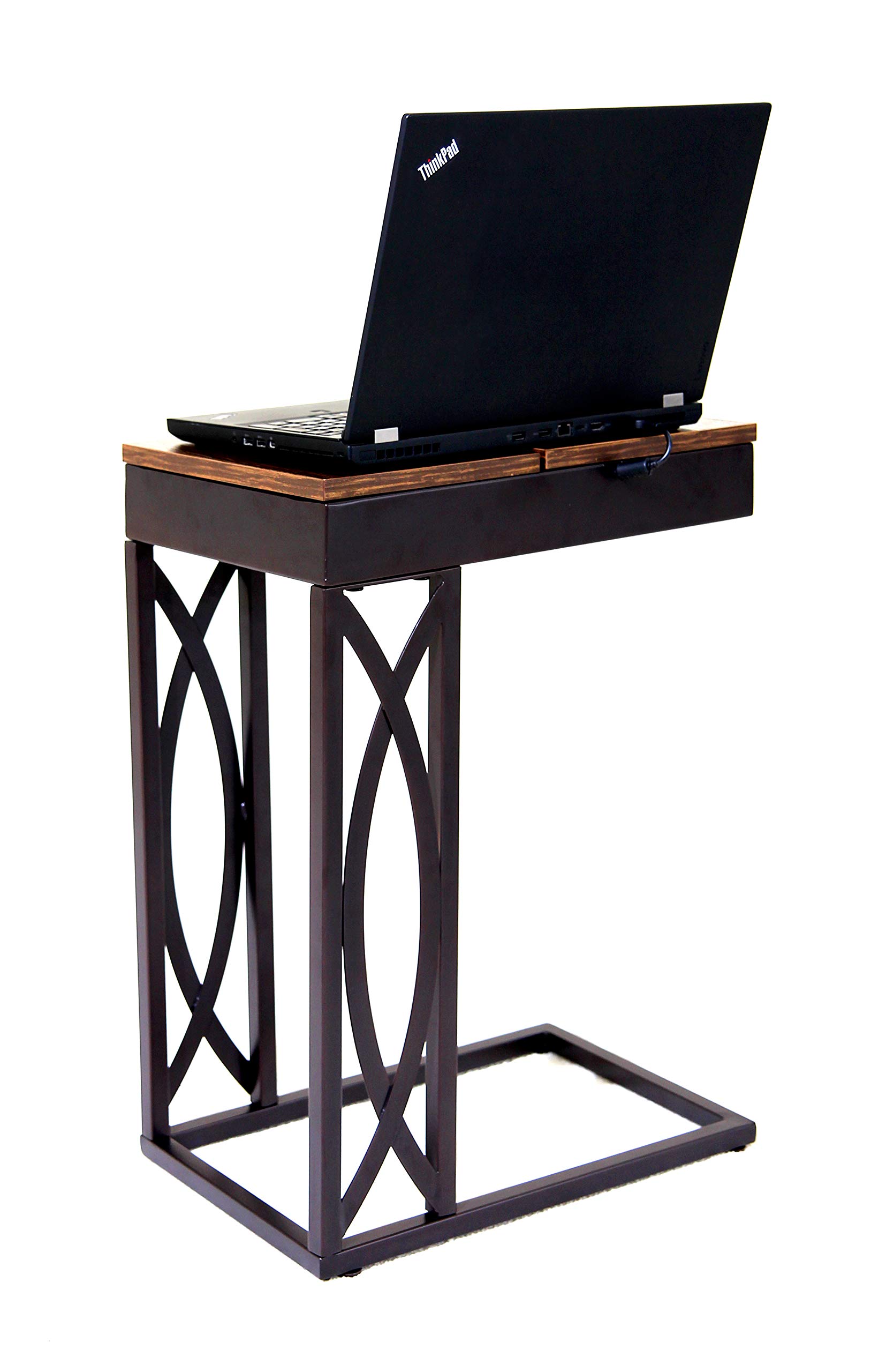 Leisure Space SeeTable - Stash with Device Stand, Charging Station, and Storage (Dark Brown Frame/Walnut Finish Table Top) - C Table/End Table/Side Table/Accent Table