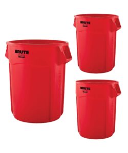 rubbermaid commercial products brute heavy-duty round vented trash can without lid, 55-gallon, red, for landscapers/construction sites/restaurants/back of house/offices/warehouses, pack of 3