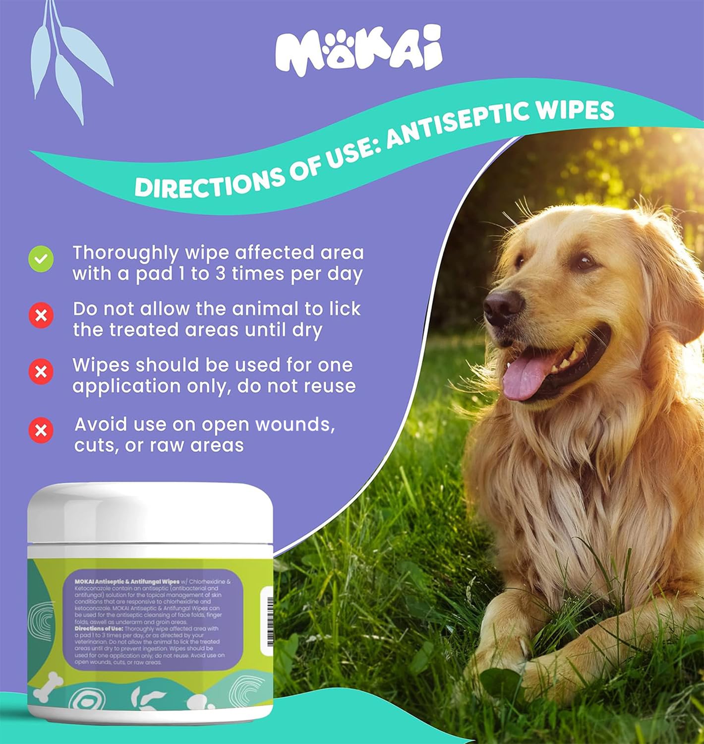 MOKAI Antiseptic Wipes for Dogs Cats and Horses | Dog Chlorhexidine Wipes with Ketoconazole Dermatological Pads Hot Spots Itchy Paws Skin Rashes