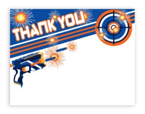 pop parties dart gun thank you cards - 20 cards + 20 envelopes - dart war party thank you cards - made in the usa