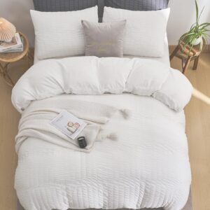 DuShow Queen Duvet Cover White,3 Pieces Seersucker Duvet Cover Set,Soft Breathable Textured Bedding Set,White Queen Comforter Cover Set for All Season