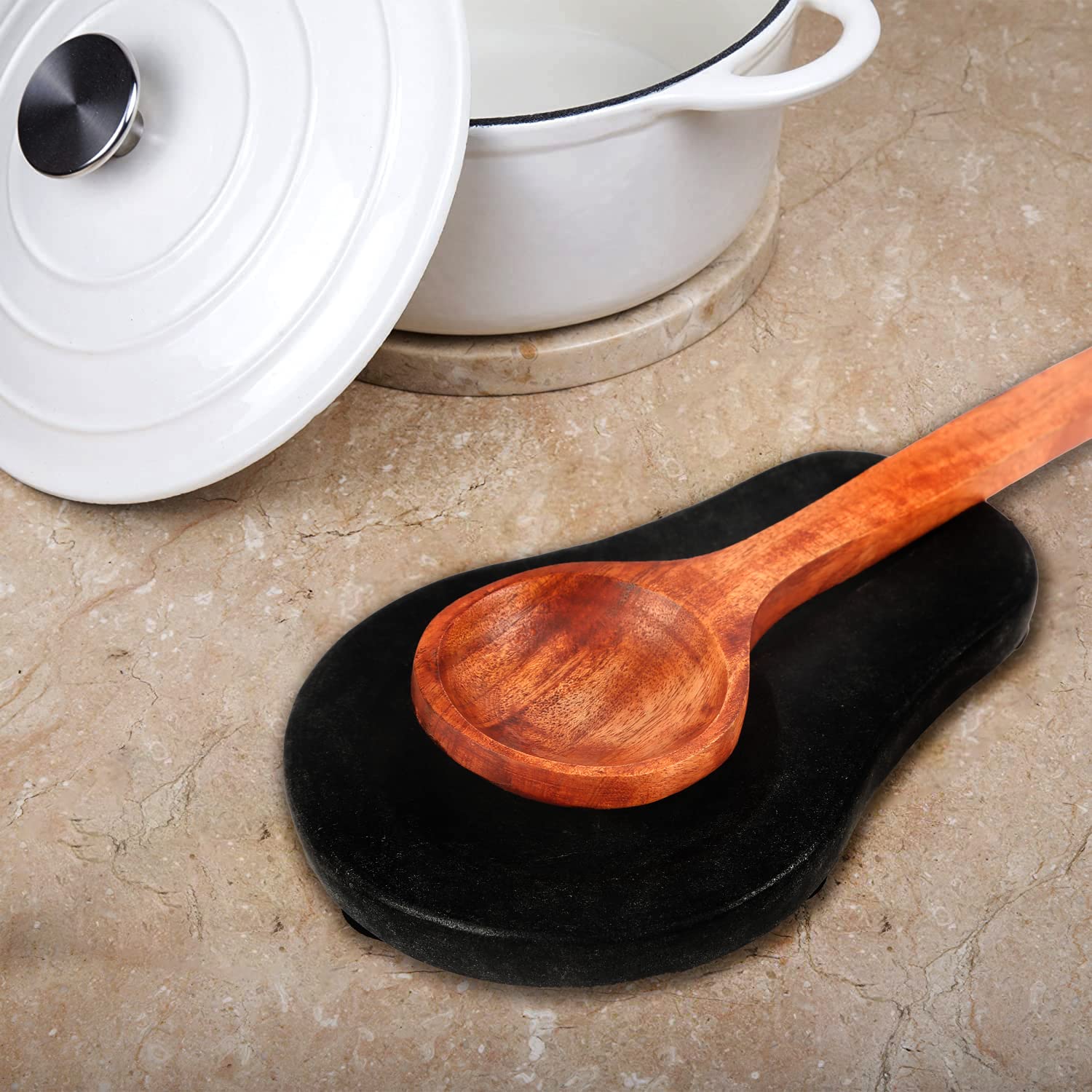 Marbco Marble Spoon Rest, Ladle Holder, Marble Spoon Rest Holder for Stove Kitchen, Heavy Duty, Dishwasher Safe (Design 2, Black)