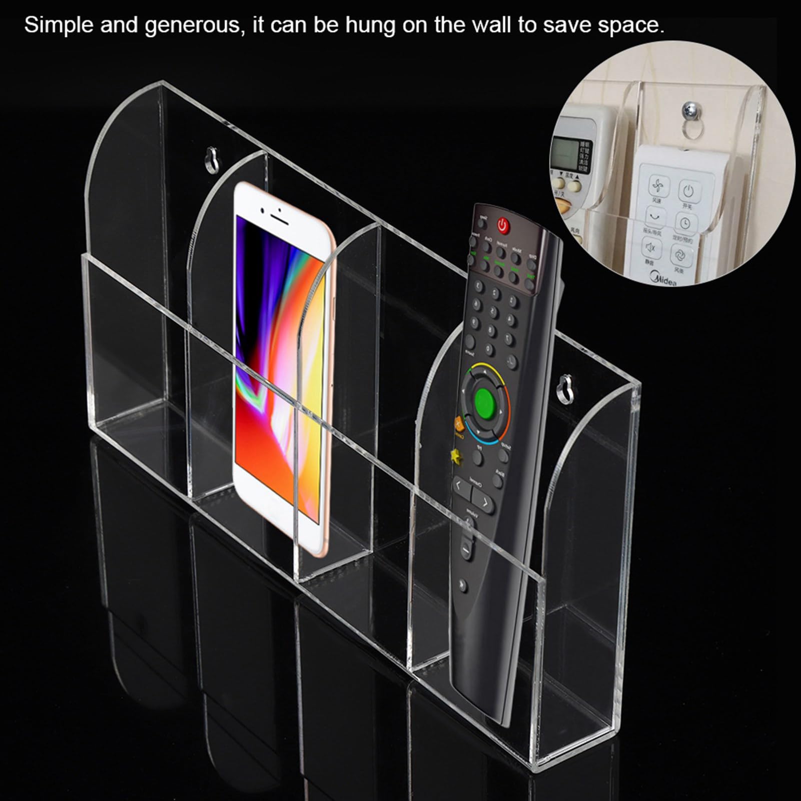 TV Remote Control Holder Wall Mount Acrylic Clear Media Organizer Storage Box Case Convenient Caddy Organizer with 4 Grids for Table Desk Bedside