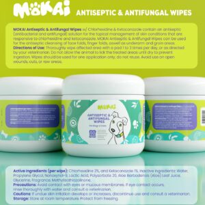 MOKAI Antiseptic Wipes for Dogs Cats and Horses | Dog Chlorhexidine Wipes with Ketoconazole Dermatological Pads Hot Spots Itchy Paws Skin Rashes