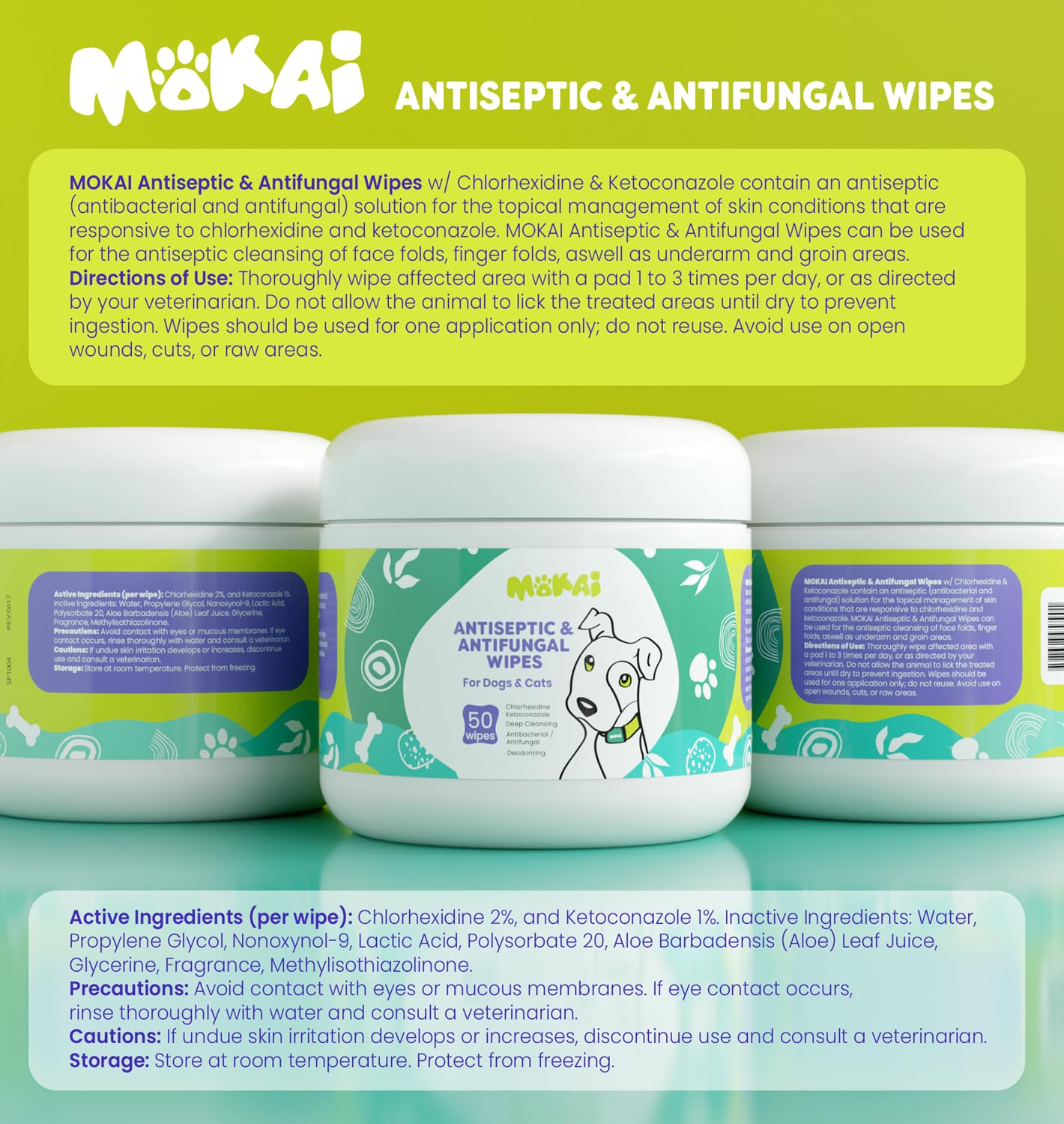 MOKAI Antiseptic Wipes for Dogs Cats and Horses | Dog Chlorhexidine Wipes with Ketoconazole Dermatological Pads Hot Spots Itchy Paws Skin Rashes