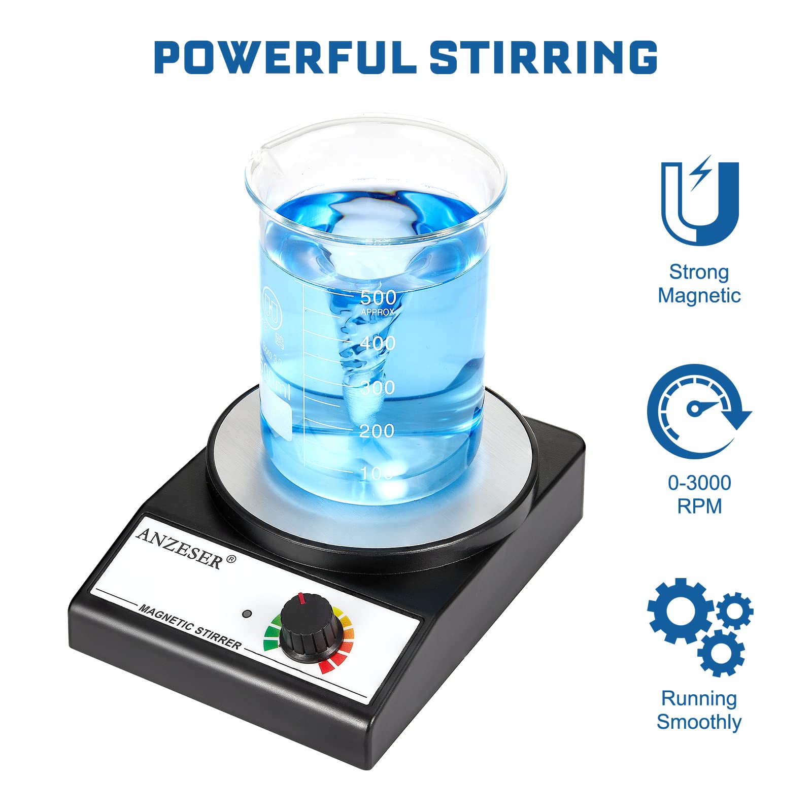 ANZESER Magnetic Stirrer w/Stir Bar, 3000RPM Magnetic Stir Plate, (No Heating) Stir Plate Max Capacity 3000mL Magnetic Mixer