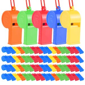 wsyub 72pcs plastic whistles, bulk whistles, training sports whistles with lanyard, loud toys whistles for kids christmas birthday party goody bag fillers games survival emergency, 5 brilliant colors