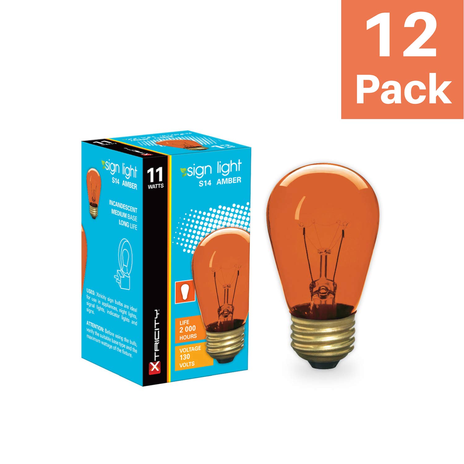 Incandescent S14 Edison Light Bulb, String Light Replacement, E26 Medium Base, 130V, Amber (12 Pack)