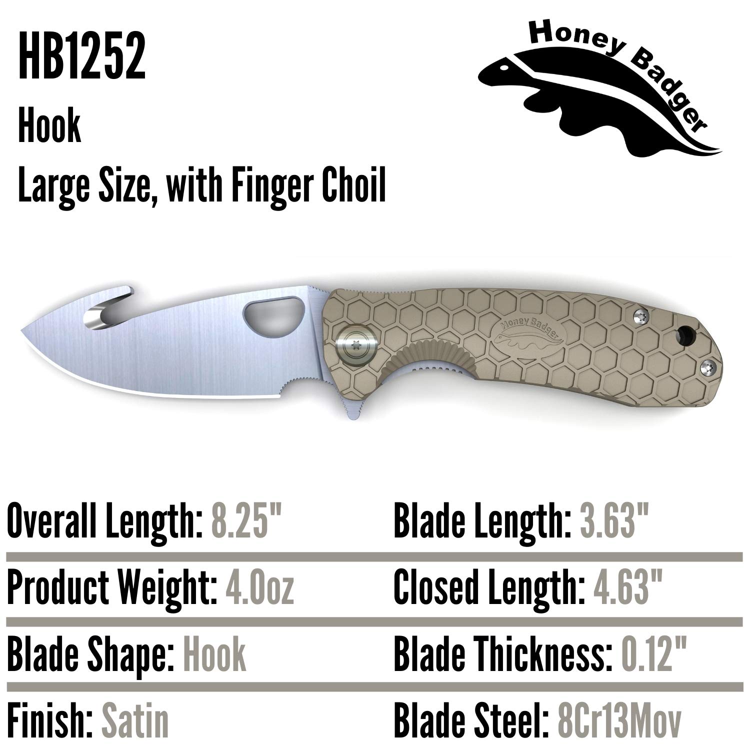 Western Active Honey Badger 8Cr13Mov Pocket Knife 3.63" Hook Blade, Lightweight 4oz Folding Utility EDC, Deep Pocket Carry Camping, Fishing Knife, Tactical Knife with Pocket Clip - Large Size