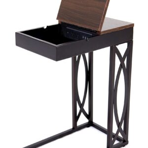 Leisure Space SeeTable - Stash with Device Stand, Charging Station, and Storage (Dark Brown Frame/Walnut Finish Table Top) - C Table/End Table/Side Table/Accent Table