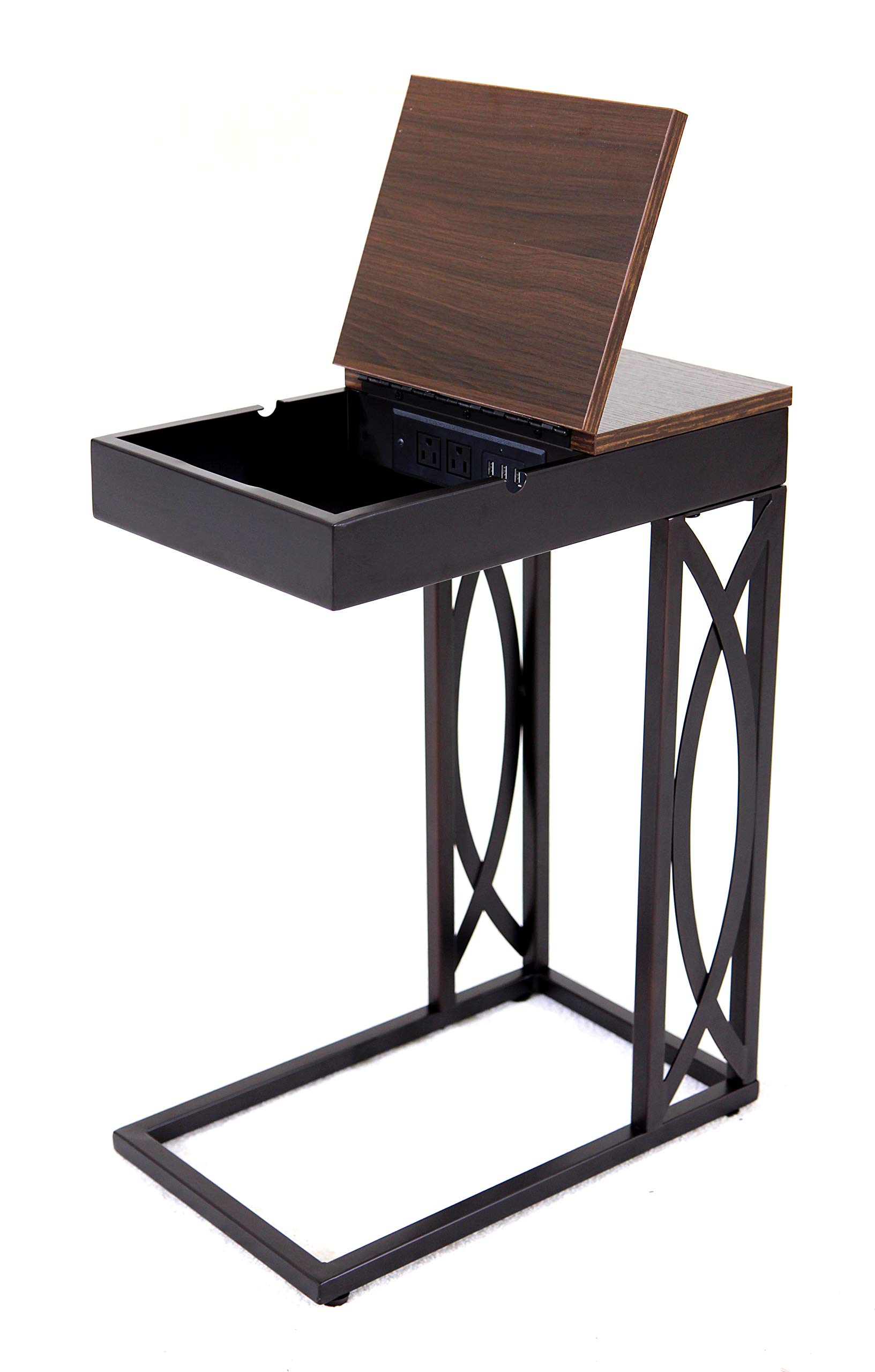 Leisure Space SeeTable - Stash with Device Stand, Charging Station, and Storage (Dark Brown Frame/Walnut Finish Table Top) - C Table/End Table/Side Table/Accent Table