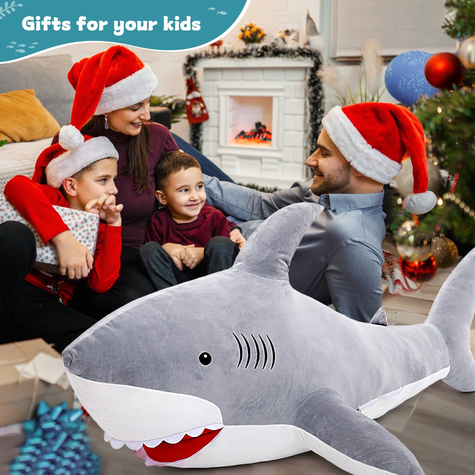 MorisMos Giant Shark Stuffed Animal 51", Giant Stuffed Shark Plush, 51 inch Large Shark Plush Pillow Toy Gift for Kids Girlfriend, Gray